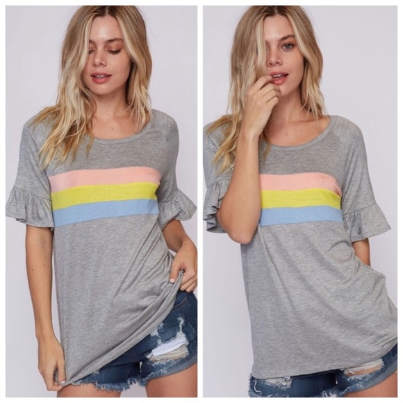 sewchicboutique | Tops | Gray Ruffle Sleeve Striped Tee | Poshmark